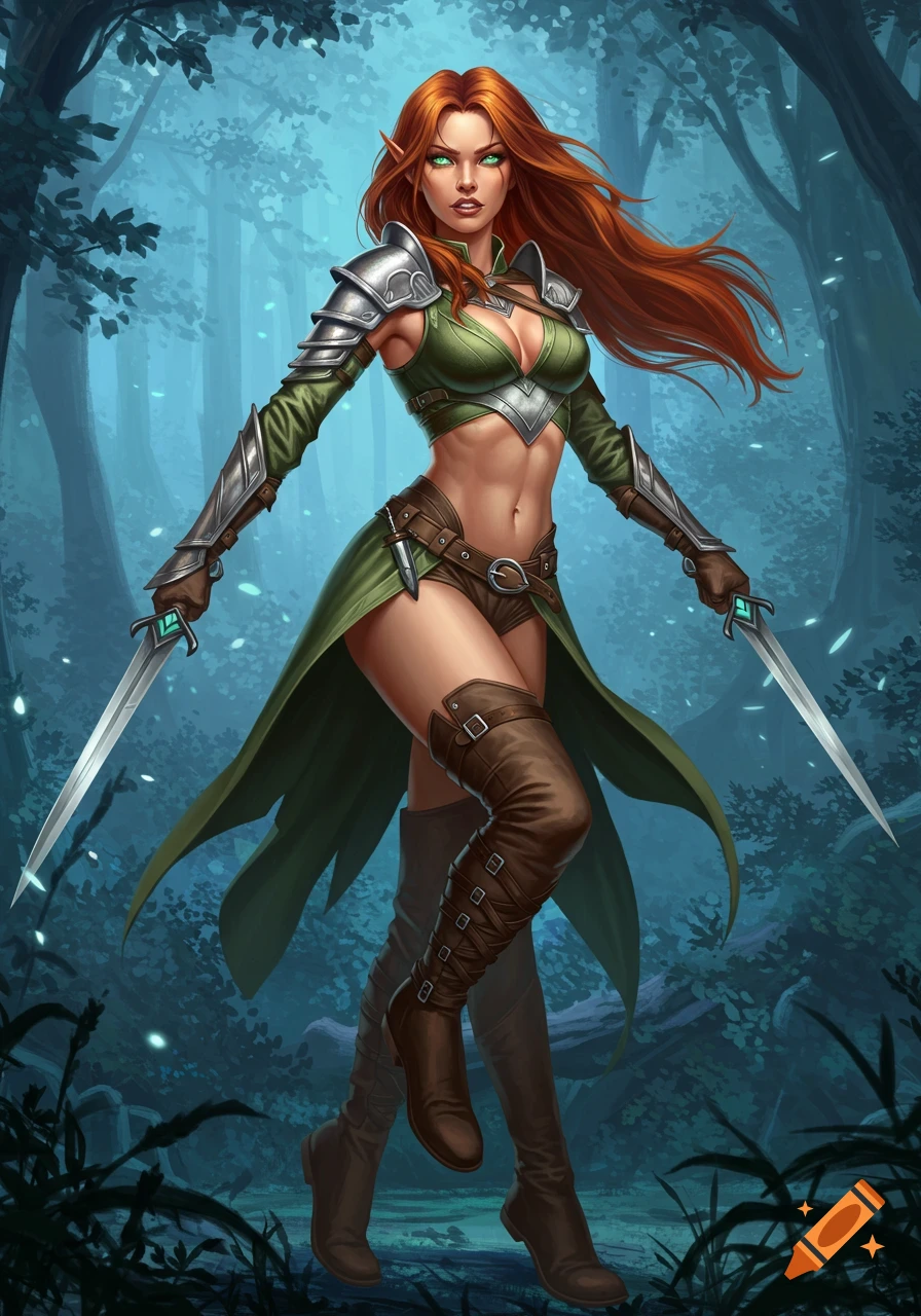 A red-haired elf warrior in green and silver armor stands in a mystical forest, holding twin ...