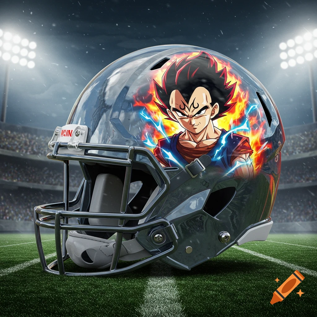 A shiny black football helmet featuring Majin Vegeta with fiery aura ...