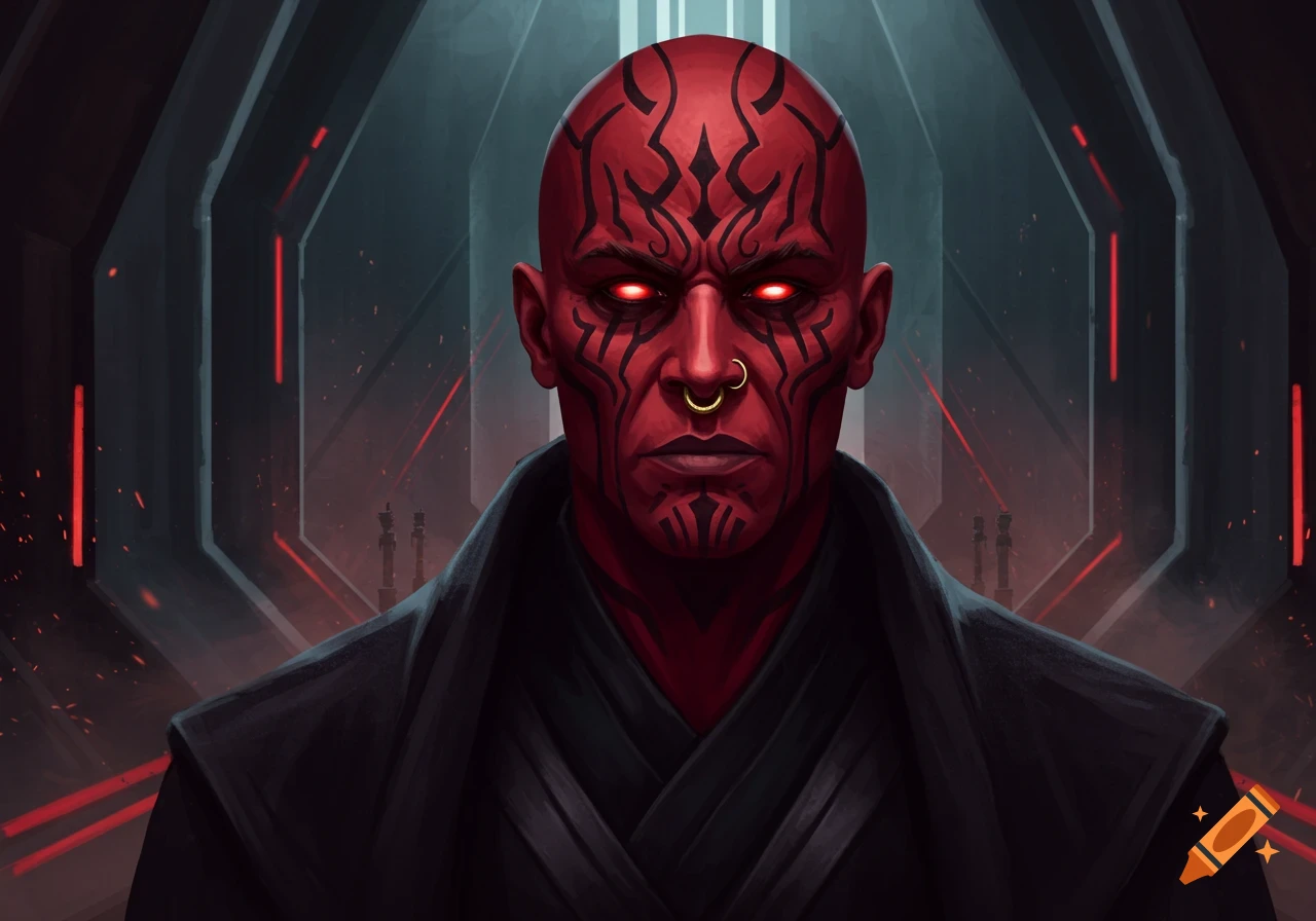 A red-skinned, horned character resembling Darth Maul stands amidst ...