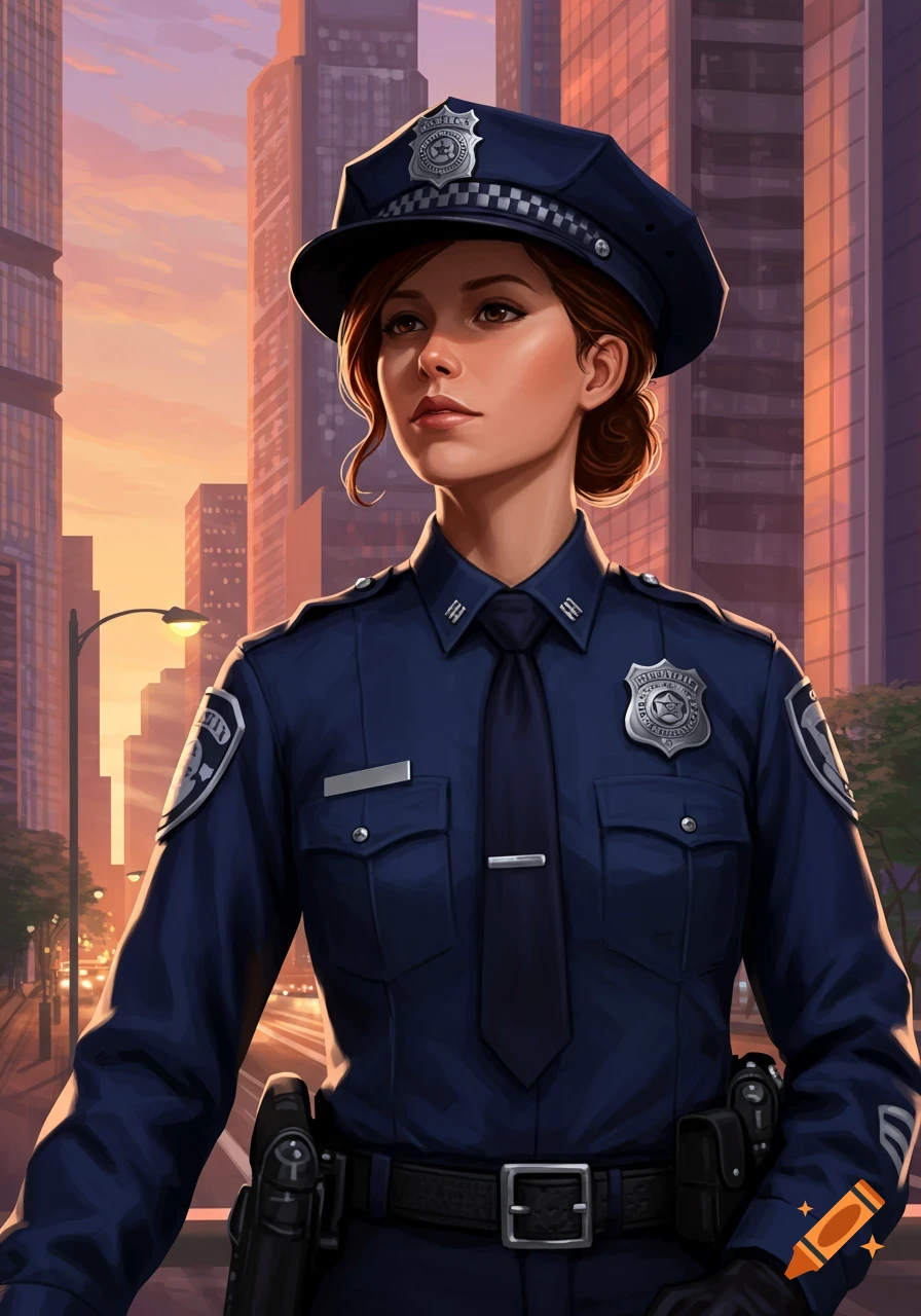 A realistic blonde female NYPD officer in a uniform, black gloves, and ...