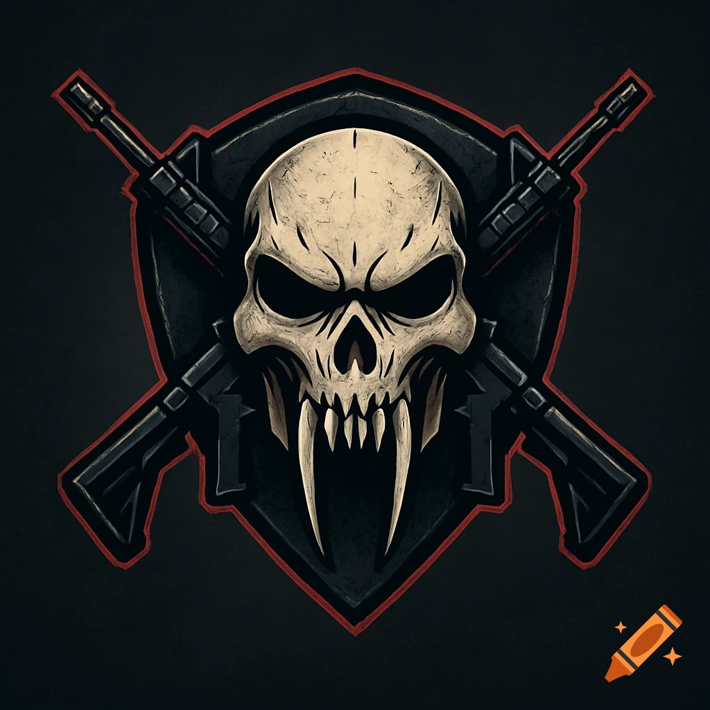 Stylized black and white skull logo with crossed Uzi submachine guns on ...