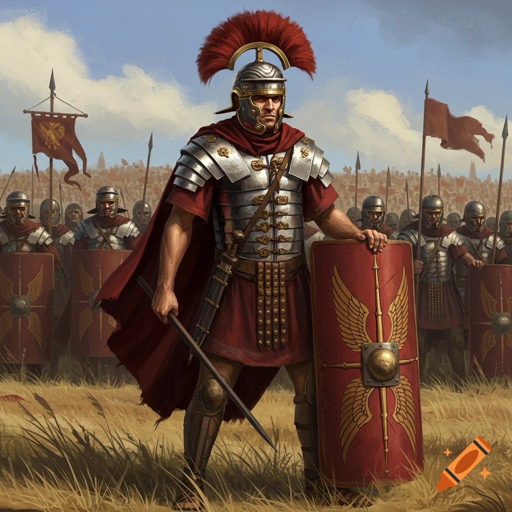 Two armored gladiators with swords and shields face off in a dusty ...