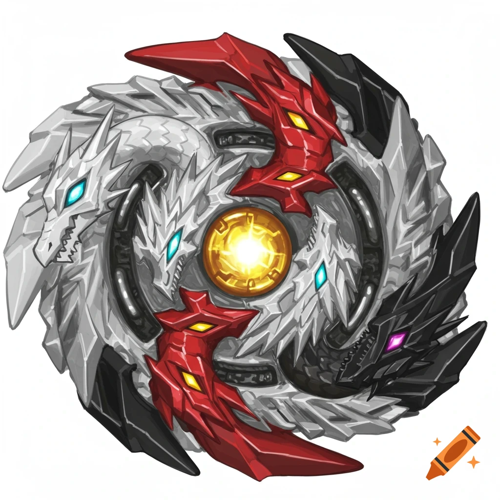 A stylized, glowing blue and silver Beyblade spins in a futuristic ...