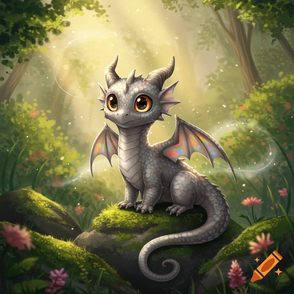 A cute, small gray dragon with large amber eyes sits on mossy rocks in ...