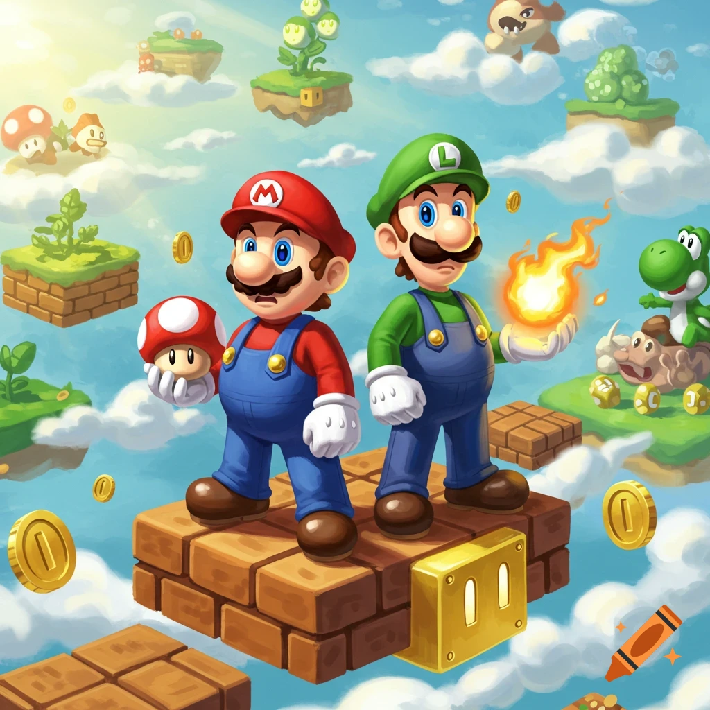 Mario runs from a pixelated retro game scene into a vibrant modern 3D ...