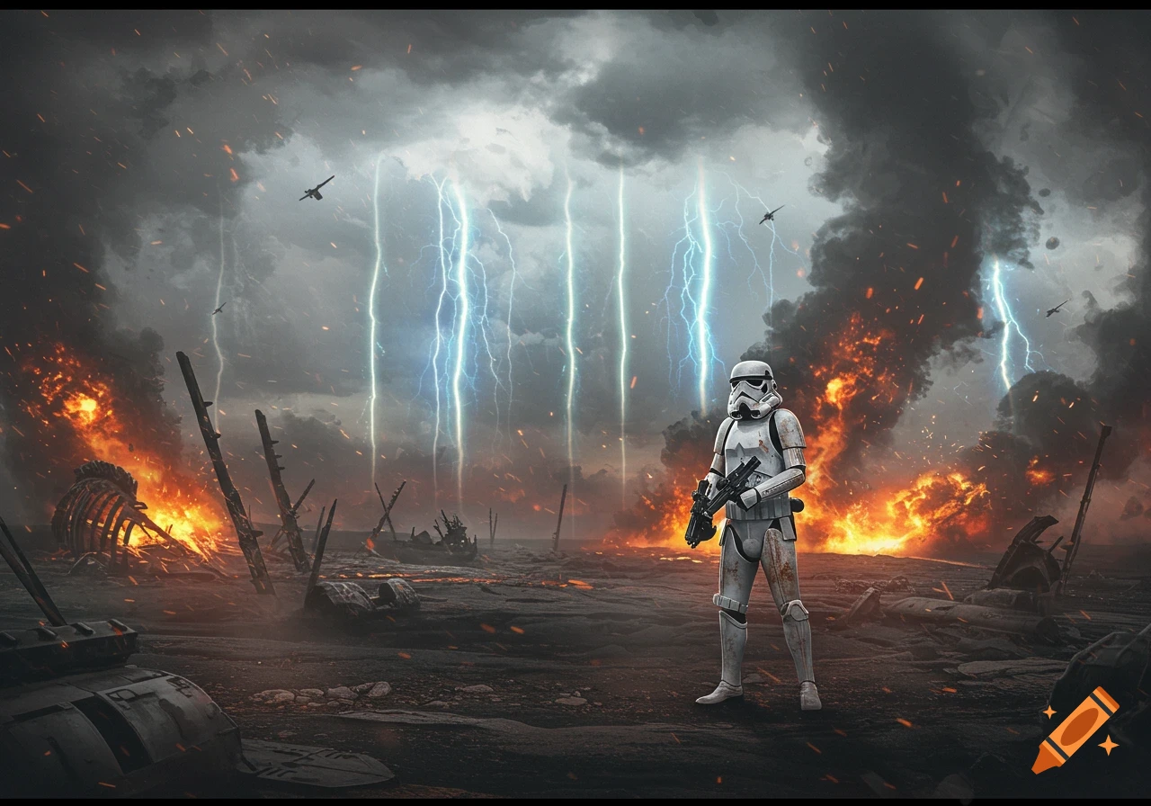 A lone Stormtrooper stands in a desolate, burning landscape under a ...