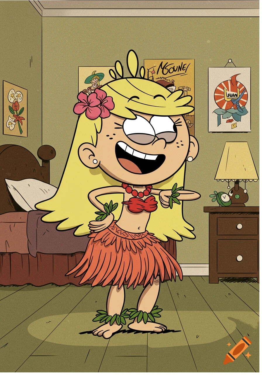 Lola Loud from The Loud House in a red bra and orange hula skirt, doing ...