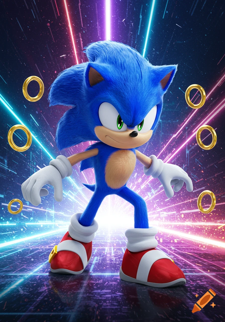 Sonic the Hedgehog runs intensely on a dark track against a dynamic ...