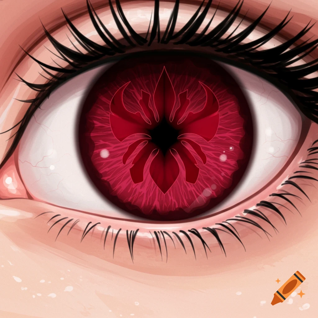 A close-up, anime-style eye with a burgundy iris and a stylized scarlet ...