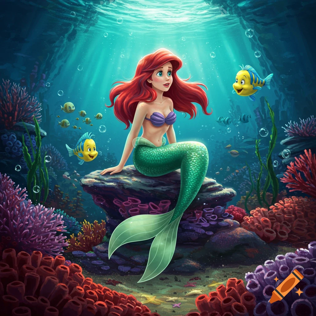 A cartoon boy with a pink hat and mermaid tail sings underwater ...