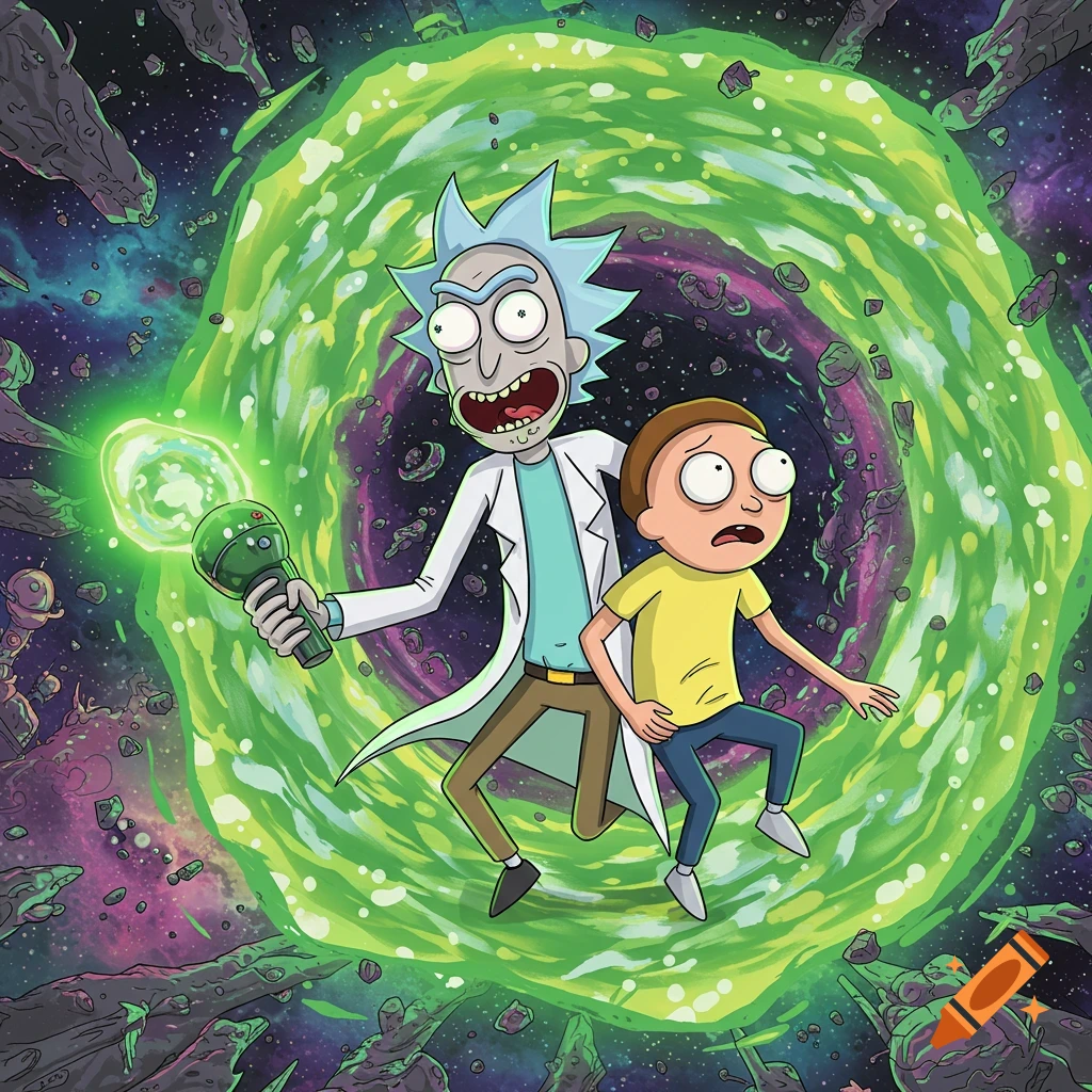 Rick and Morty standing in front of a swirling green portal in outer ...