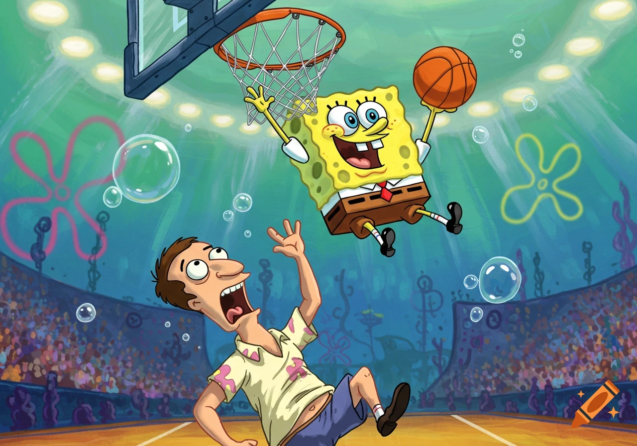 Cartoon SpongeBob SquarePants dunks a basketball over a surprised man ...