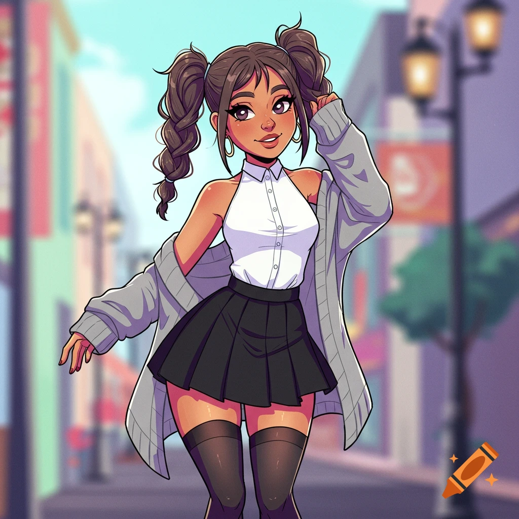 A cheerful cartoon woman with dark pigtail braids, wearing a white ...