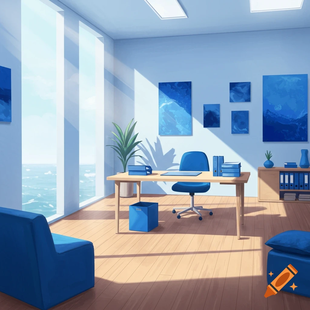 An illustration of a calming blue office space with an ocean view, desk ...
