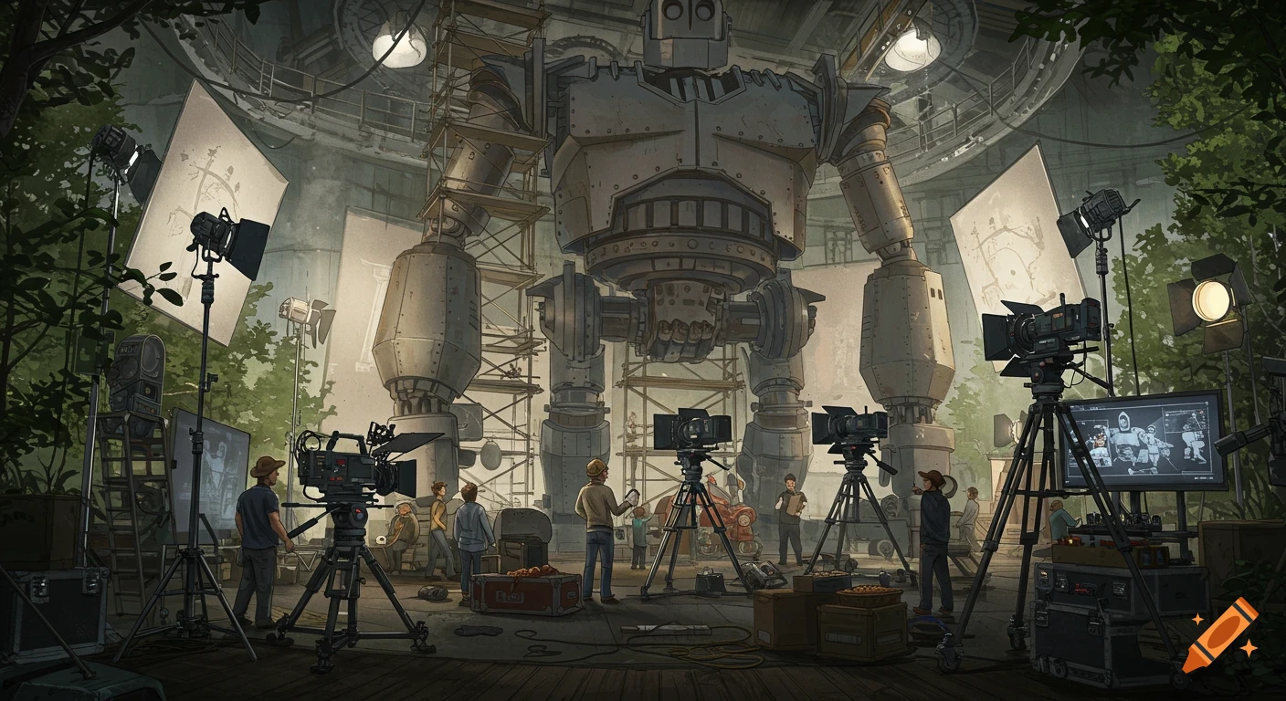 An illustrated movie set featuring a giant robot surrounded by film ...