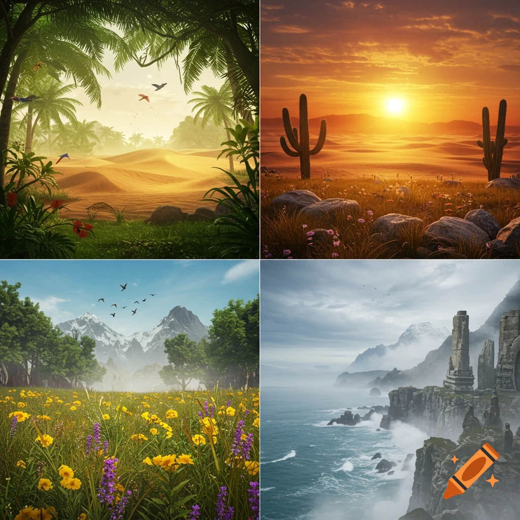 Four distinct photorealistic nature scenes: a tropical desert oasis, a ...