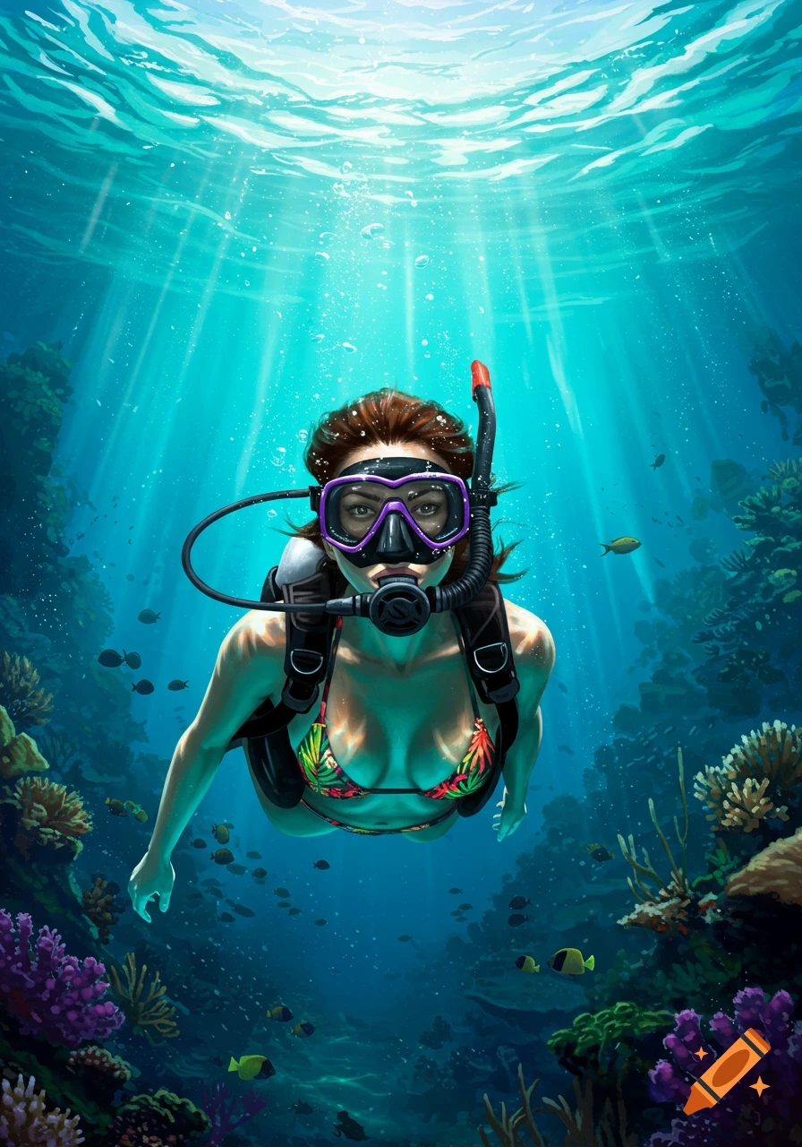 A female scuba diver in a white and blue wetsuit swims gracefully ...