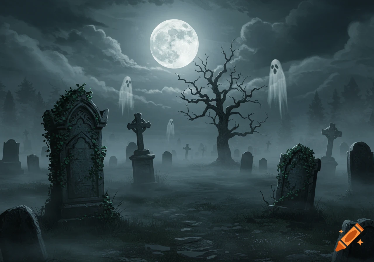 A spooky forest at night with a full moon, a crow on a gnarled tree ...