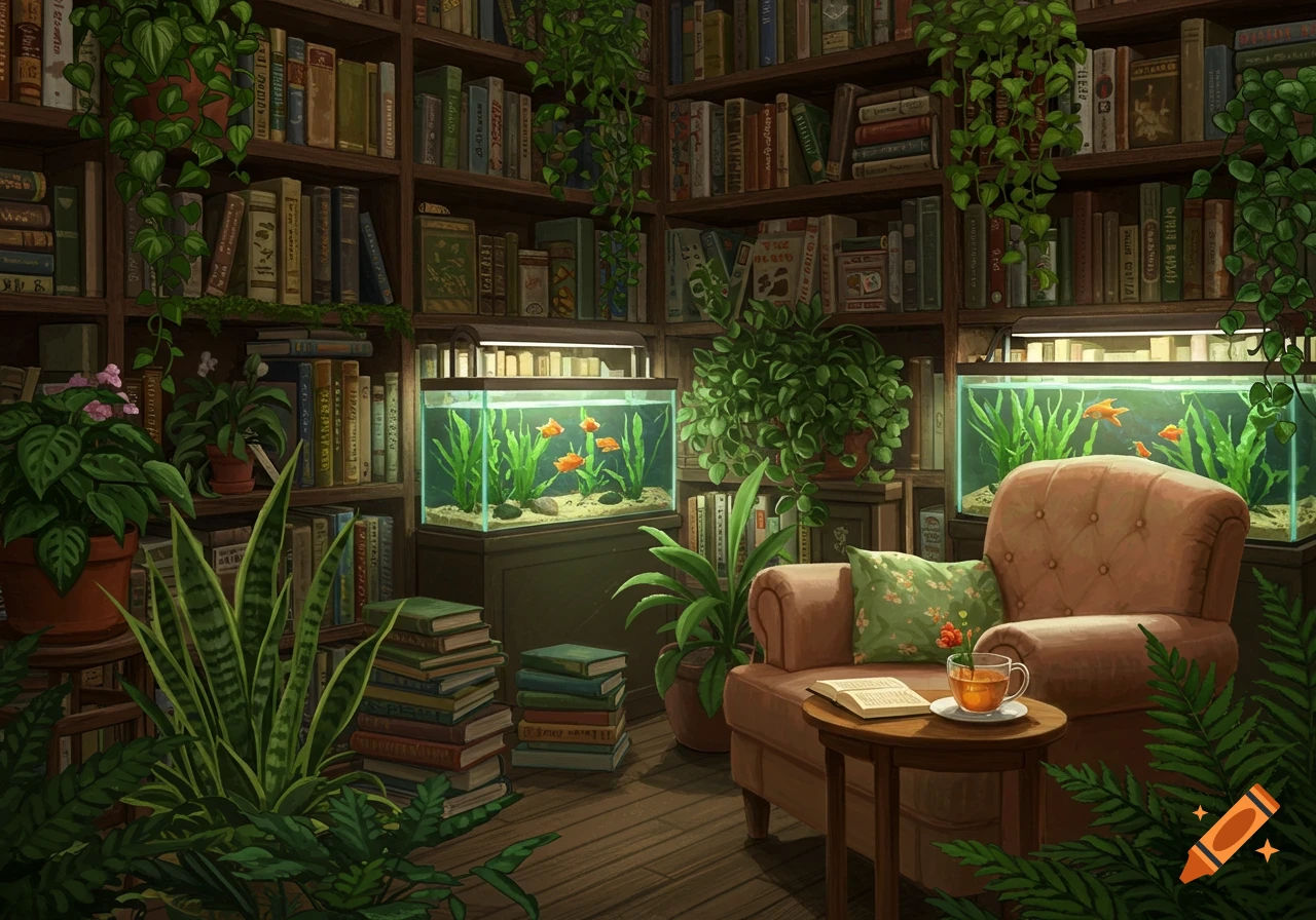 Cozy library room with bookshelves, potted plants, two fish tanks, and ...