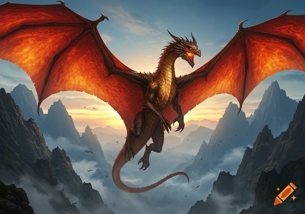 A majestic red fire dragon with large wings breathes fire while flying ...