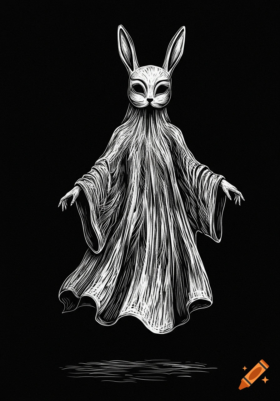 Black and white linocut illustration of a floating ghost figure wearing ...