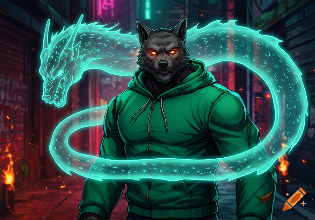 An anthropomorphic gray wolf in a black suit, glowing with blue ...