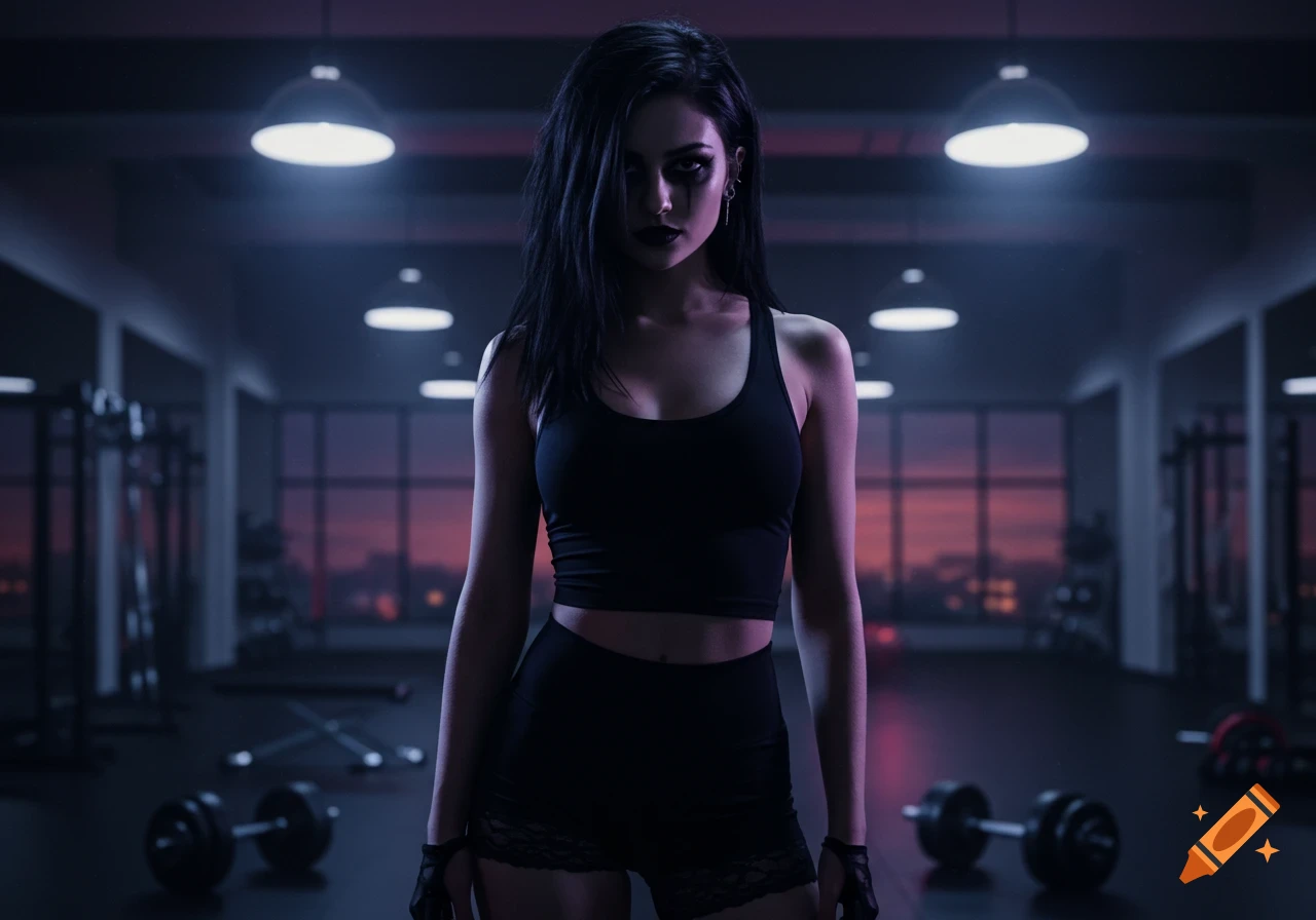 A young female athlete in neon blue and pink sportswear performs a ...