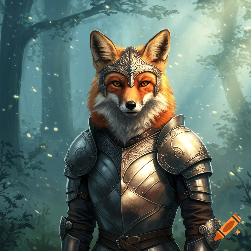 An anthropomorphic fox warrior with glowing green eyes and ornate armor ...