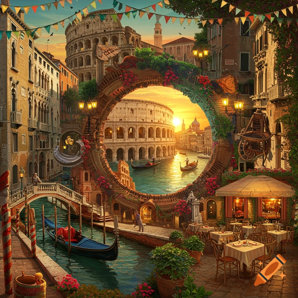 Engraved aluminum repouss é art depicting the Rialto Bridge over a ...