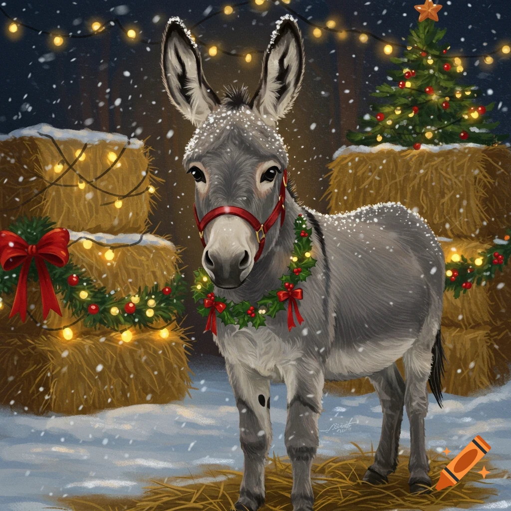 Three horses, white, brown, and black, wearing festive Christmas ...