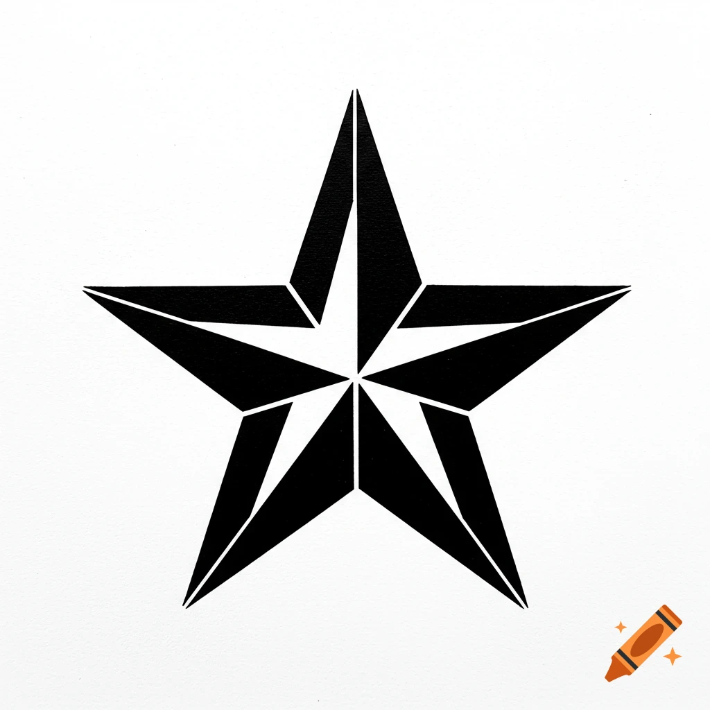A stylized, white five-point star with a black, star-shaped hole ...
