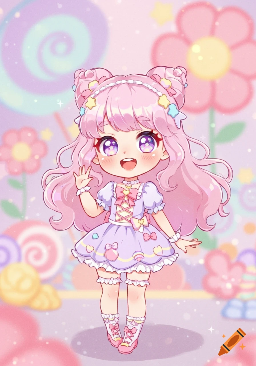 A cute chibi girl with long purple hair and big sparkly eyes, wearing a ...