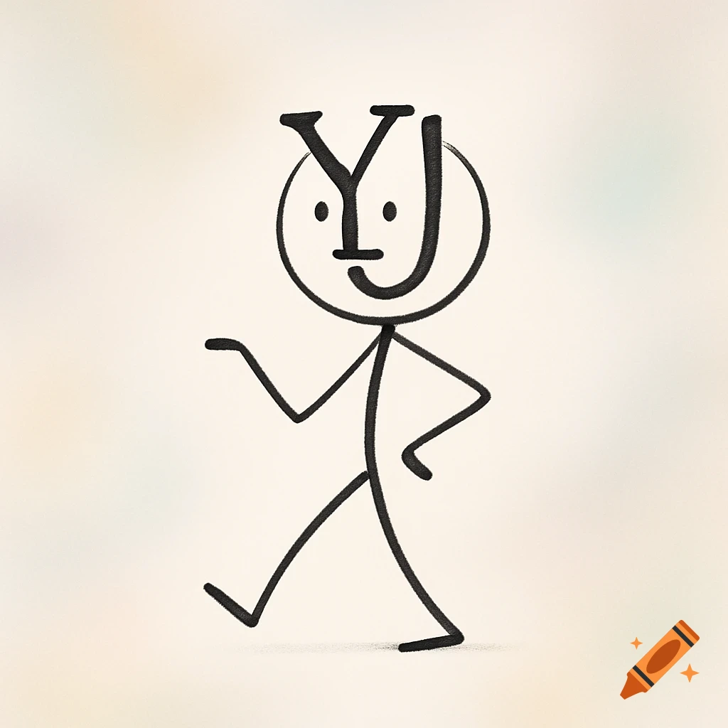 A black stick figure with the letters 'YJ' forming its face, walking ...