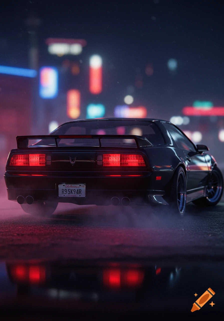 Black Nissan GTR with purple exhaust smoke and underglow on a wet ...