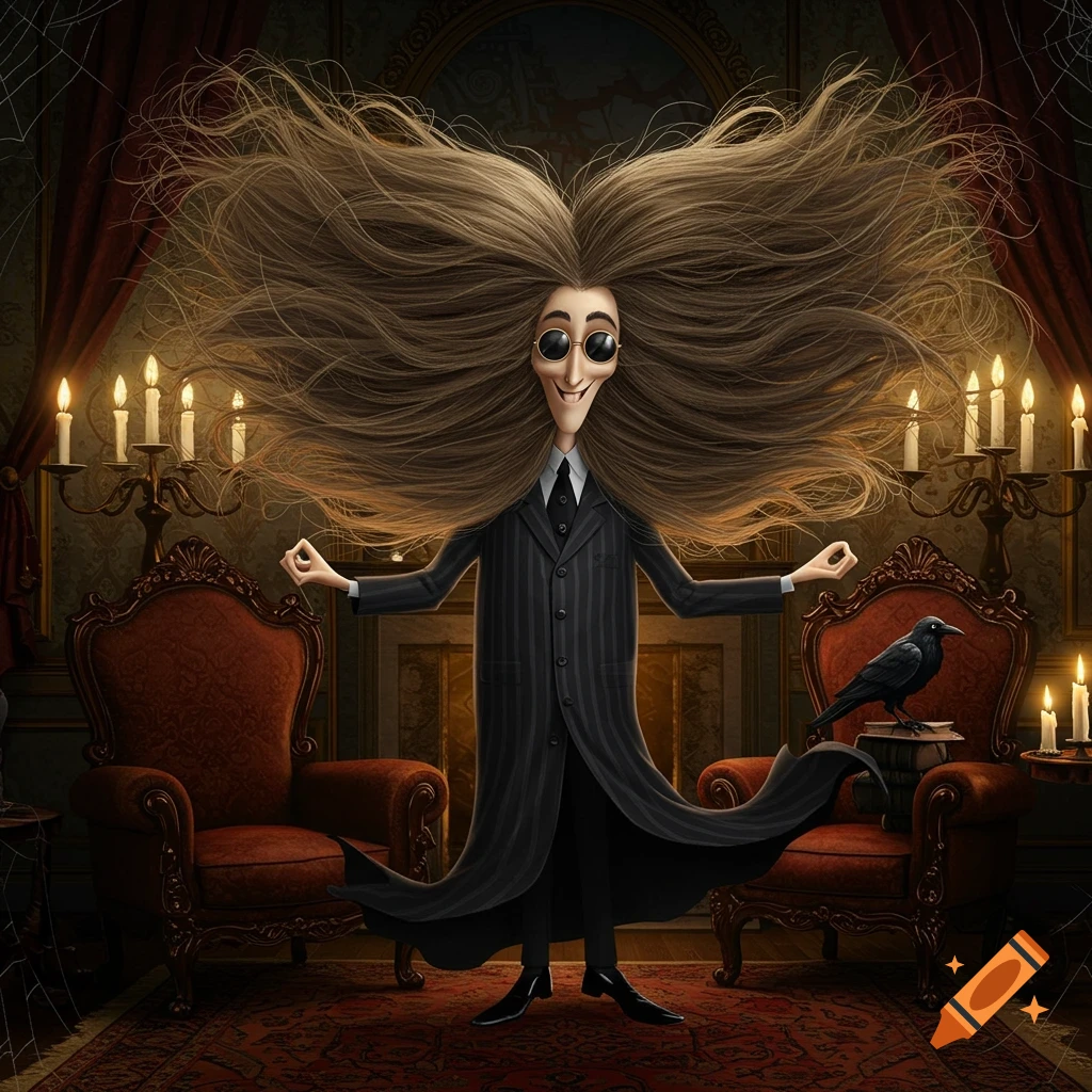 A pale, wide-eyed woman with long blonde hair in a white gown stands in ...