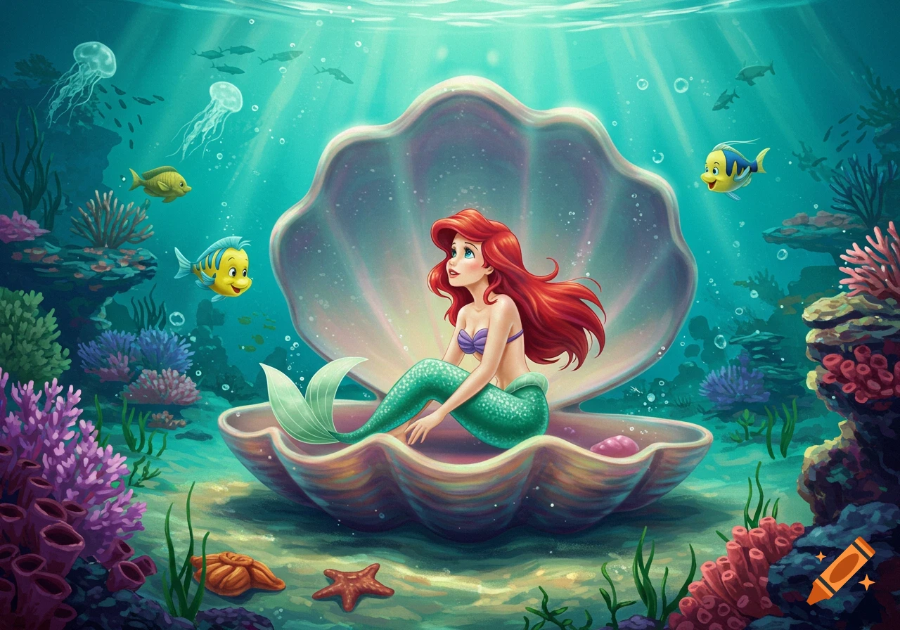 Cartoon Princess Ariel, in a green swimsuit, arm floaties, and a ducky ...