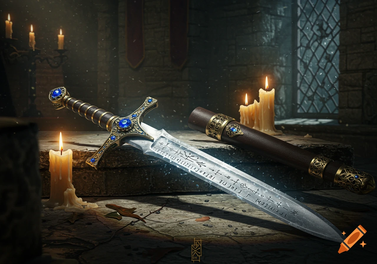 Photorealistic rendering of a spiral yew wood wand with a glowing blue ...