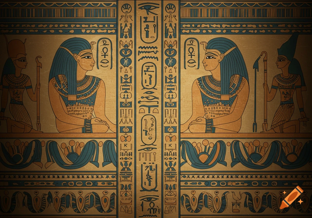 Ancient Egyptian-style artwork depicting two regal figures surrounded ...