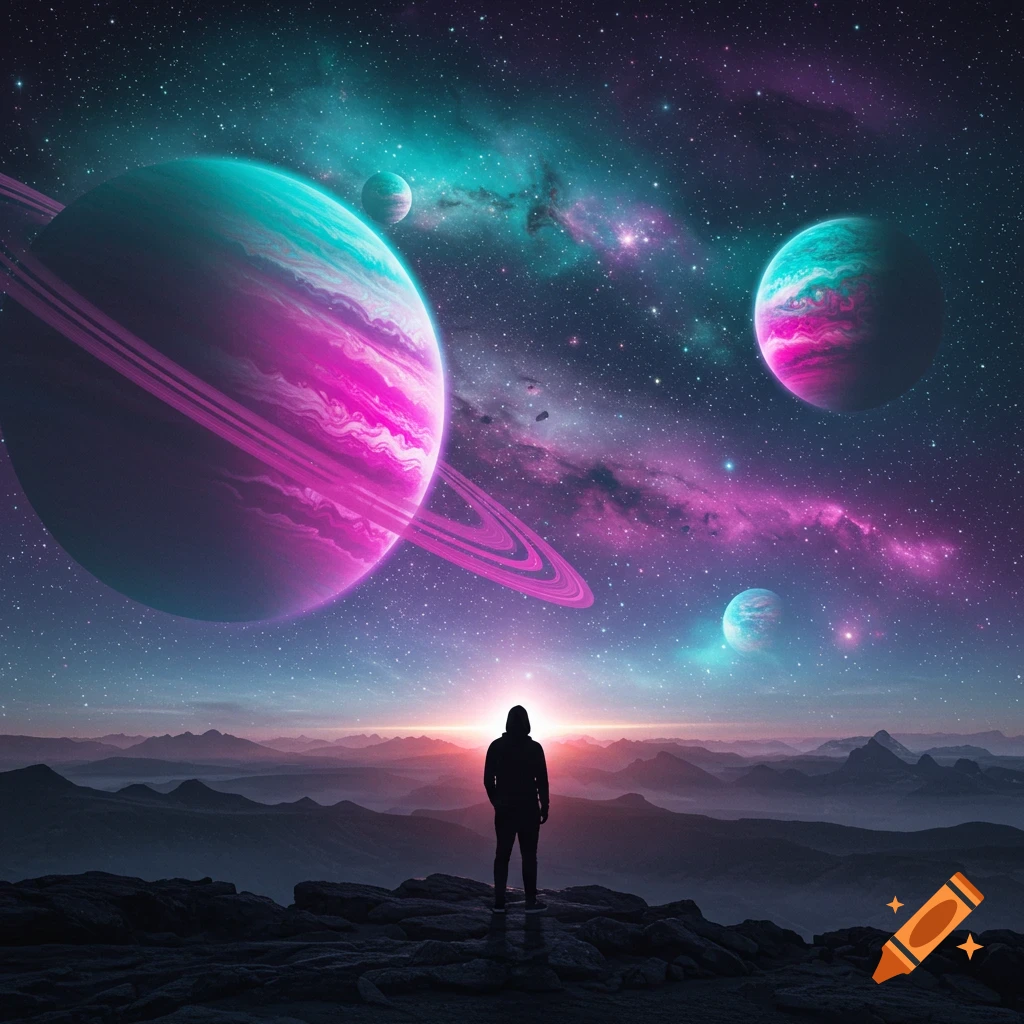 Stylized alien landscape with a giant planet, two moons, a sunset over ...