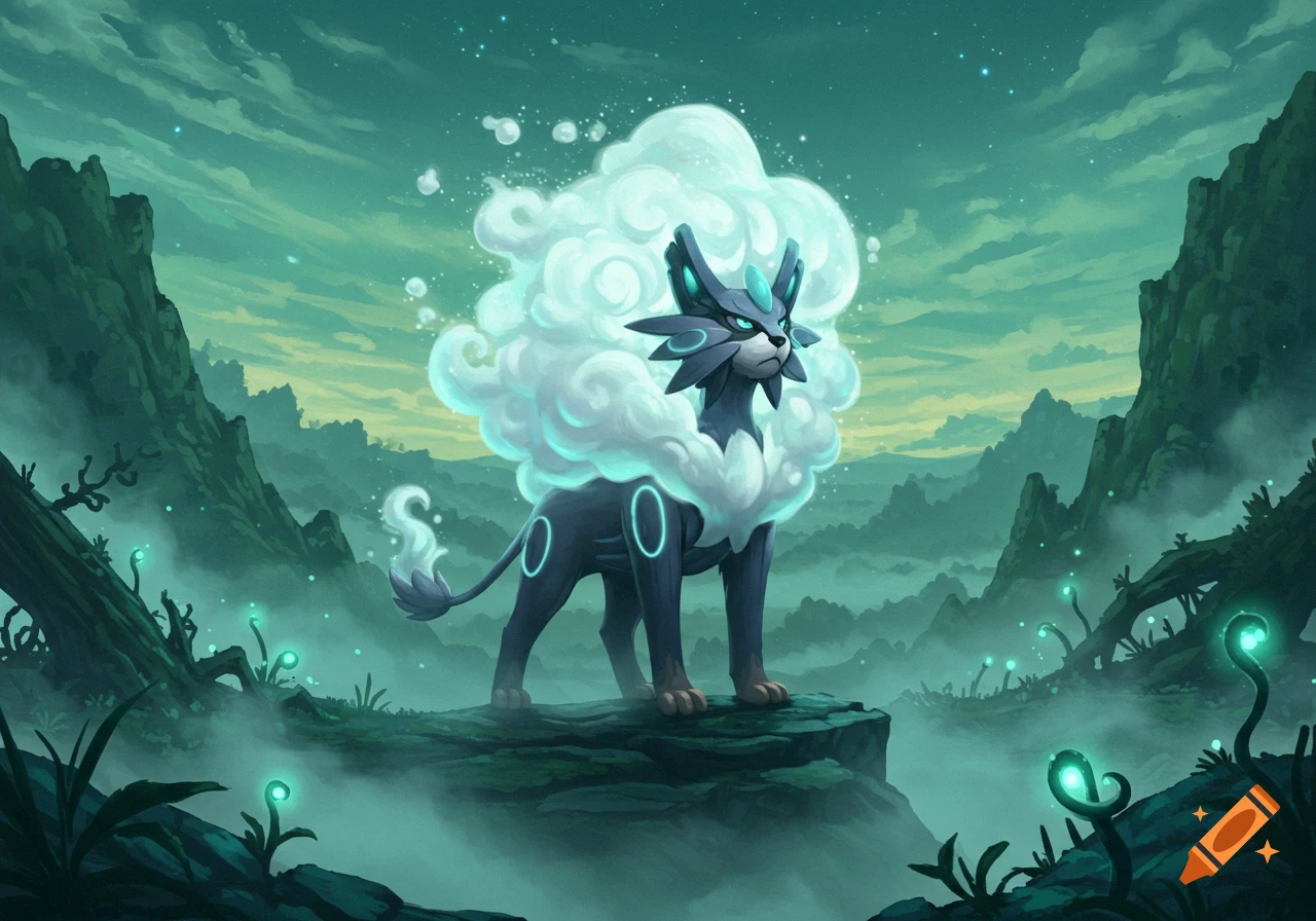 A vibrant fantasy creature, deer-like with green leaves and yellow ...