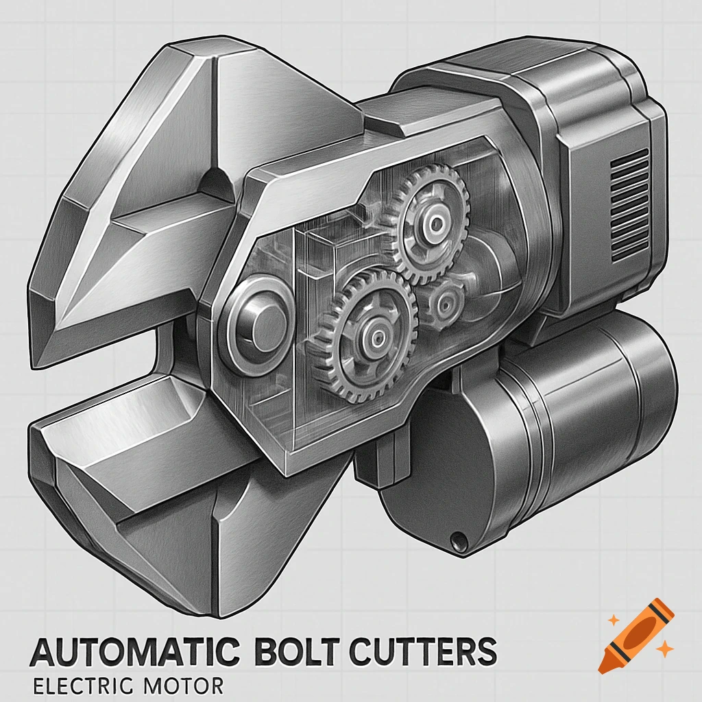 Grayscale technical illustration of automatic bolt cutters with an ...