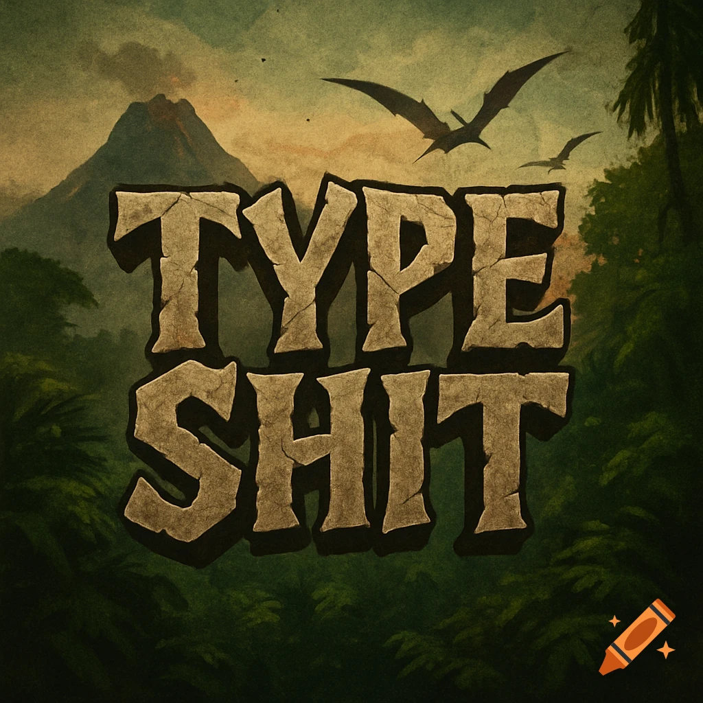 Stylized cracked stone text 'TYPE SHIT' against a prehistoric jungle landscape with a volcano ...