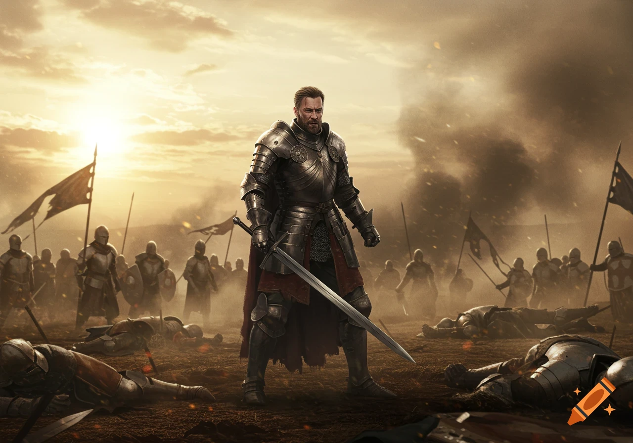 Tree knight with golden shield and hawk on shoulder riding a horse on ...