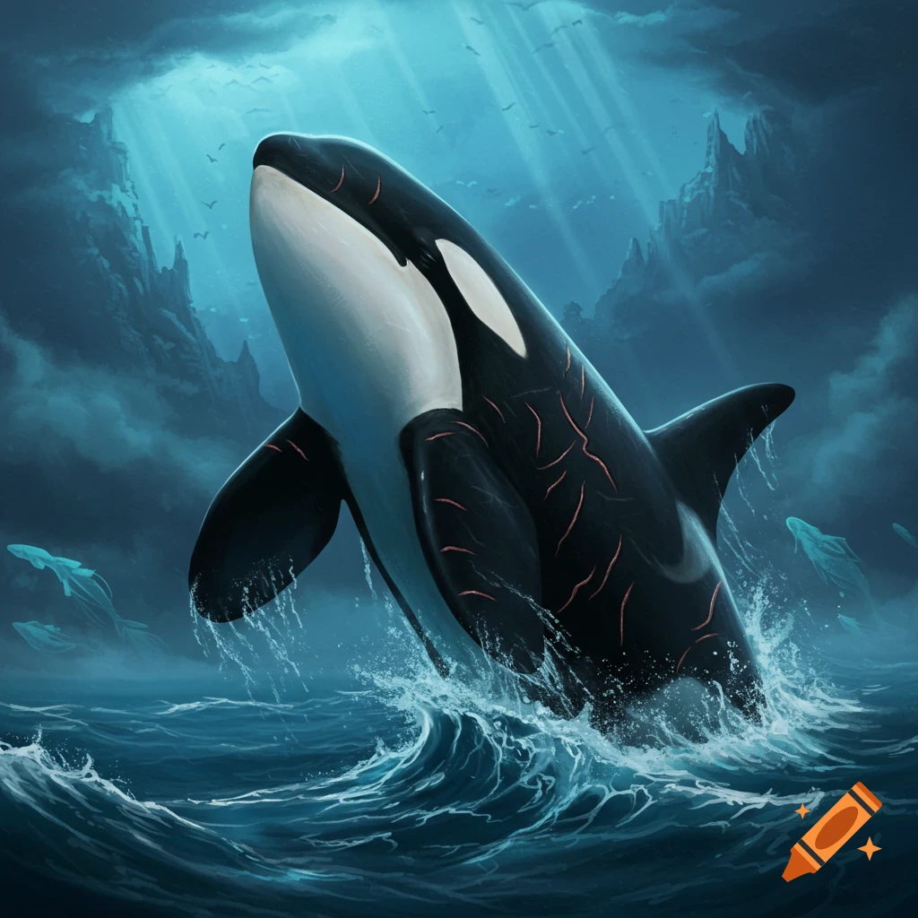 Two orcas leap from a sunset ocean with dramatic splashes, featuring a ...