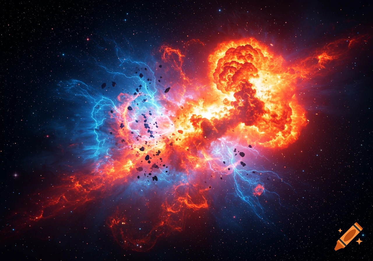 A vibrant cosmic explosion in deep space with glowing plasma and debris ...