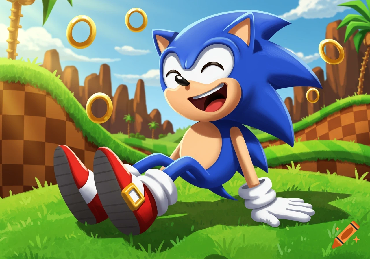 Cartoon Sonic the Hedgehog winking and laughing on green grass with ...