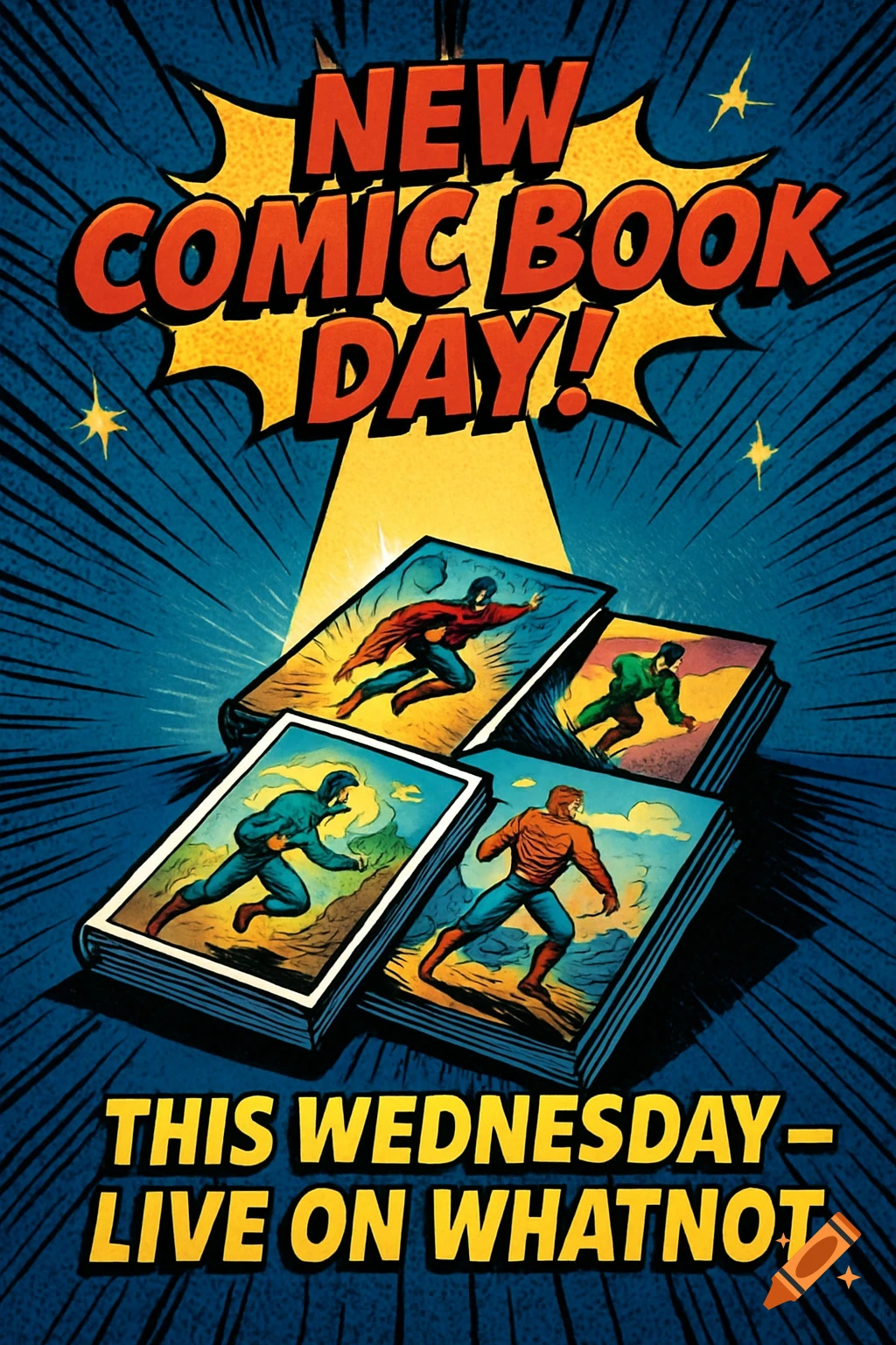 Vibrant comic book style illustration promoting 'New Comic Book Day ...