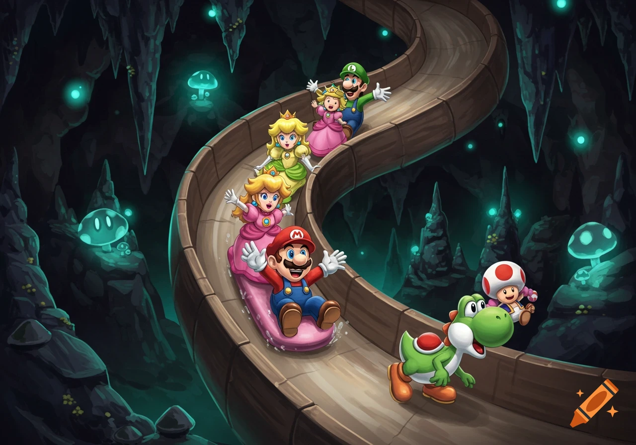 Mario, Luigi, Princess Peach, Toadette, Yoshi, and Toad joyfully slide ...