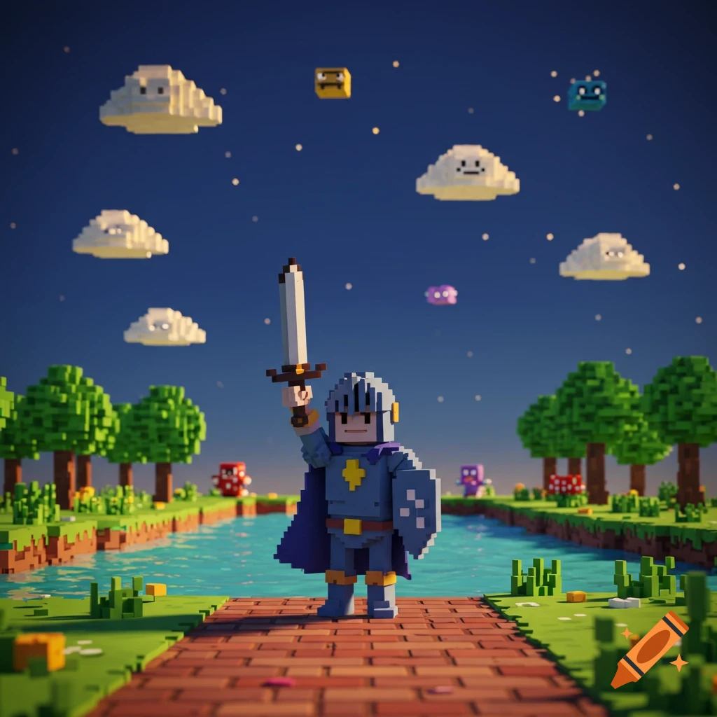 A pixel art kid hero with a multicolored cape, shield, and glowing ...