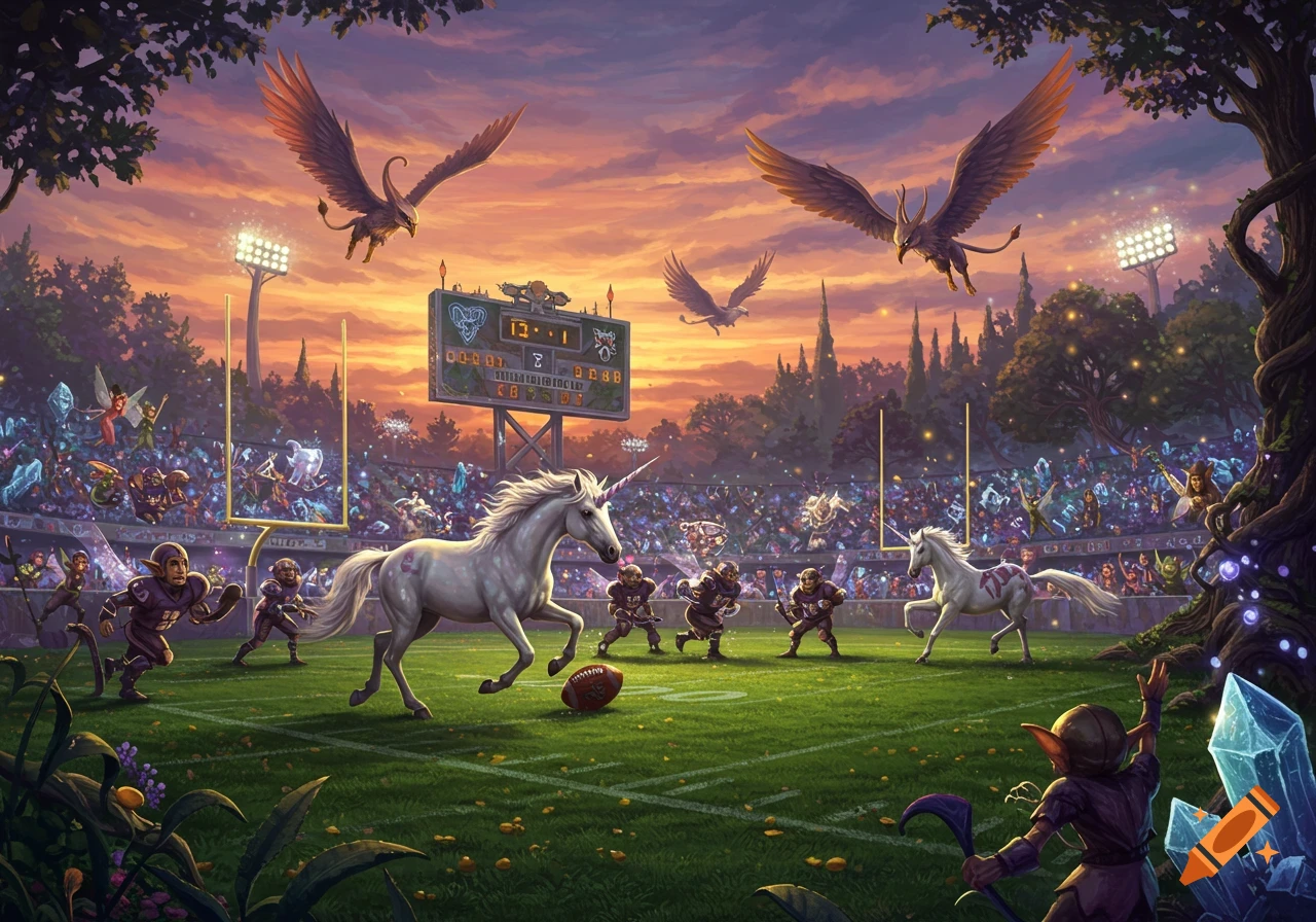 Vibrant fantasy art of a football game with unicorns, griffins flying ...